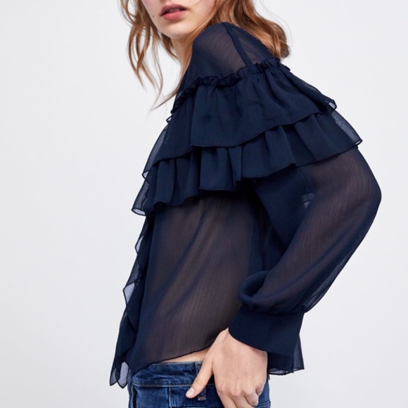 Zara | Tops | Zara Navy Blue Ruffled Blouse | Poshmark